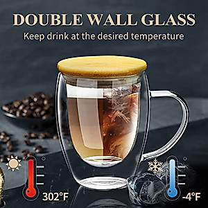 PARACITY Glass Coffee Mugs Set of 2 with Bamboo Lid/Spoon, Double Wall Insulated Clear Tea Cups 12 OZ with Hand for Cappuccino/Latte/Coffee, Borosilicate Glassware for Kitchen/Travel