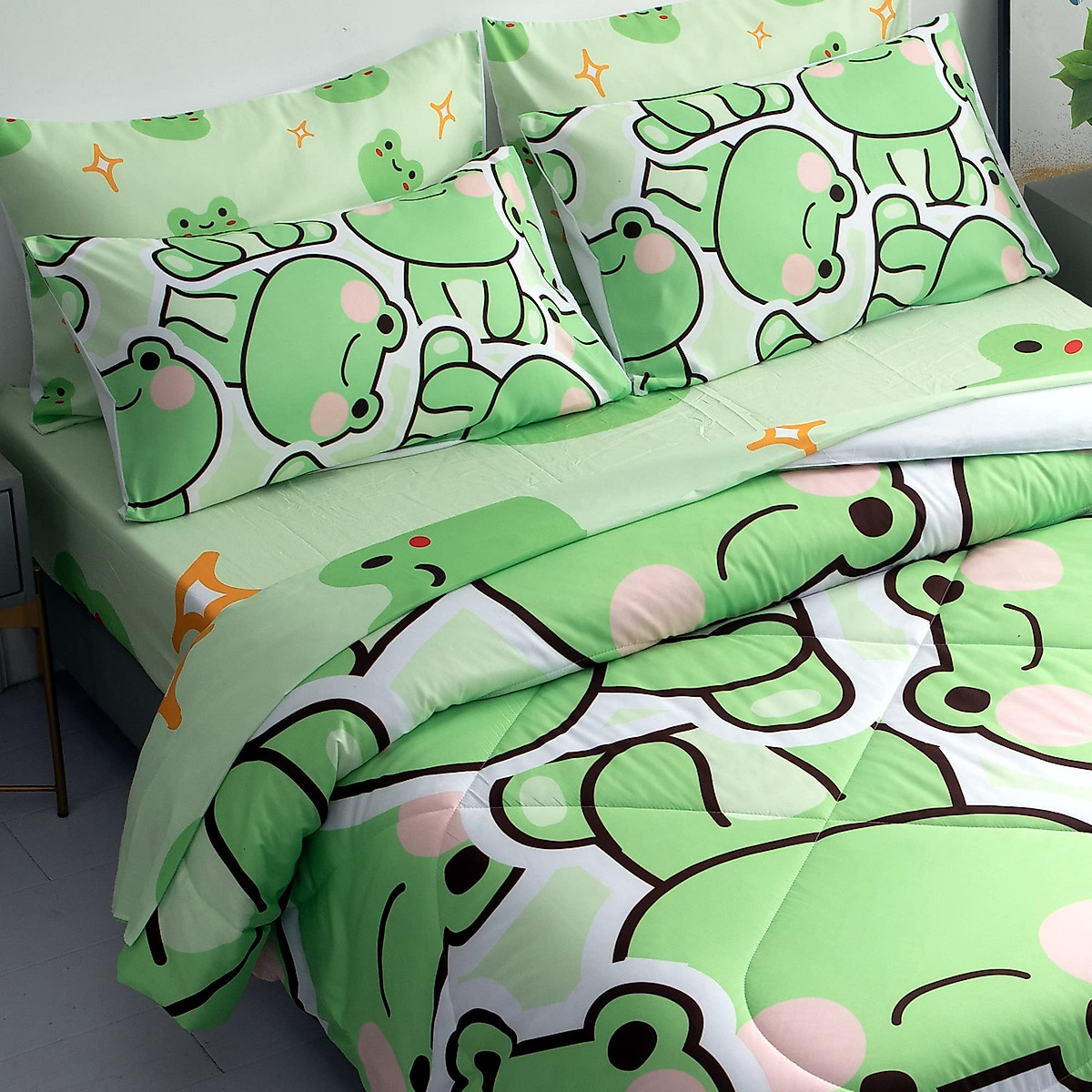 MUSOLEI 7 Piece Frog Comforter Set Frog Bedding for Kids Boys and Girls Frog sheets set Frog Bedding set Twin Size Bedding Sets for All Season (1 Comforter, 1 Flat Sheet, 1 Fitted Sheet, 4 Pillowcase)