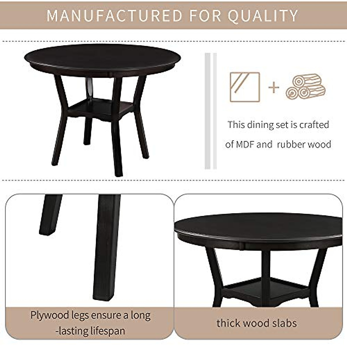 P PURLOVE 5 Pieces Dining Table Set Round Kitchen Table with 4 Upholstered Chairs for Dining Room, Espresso