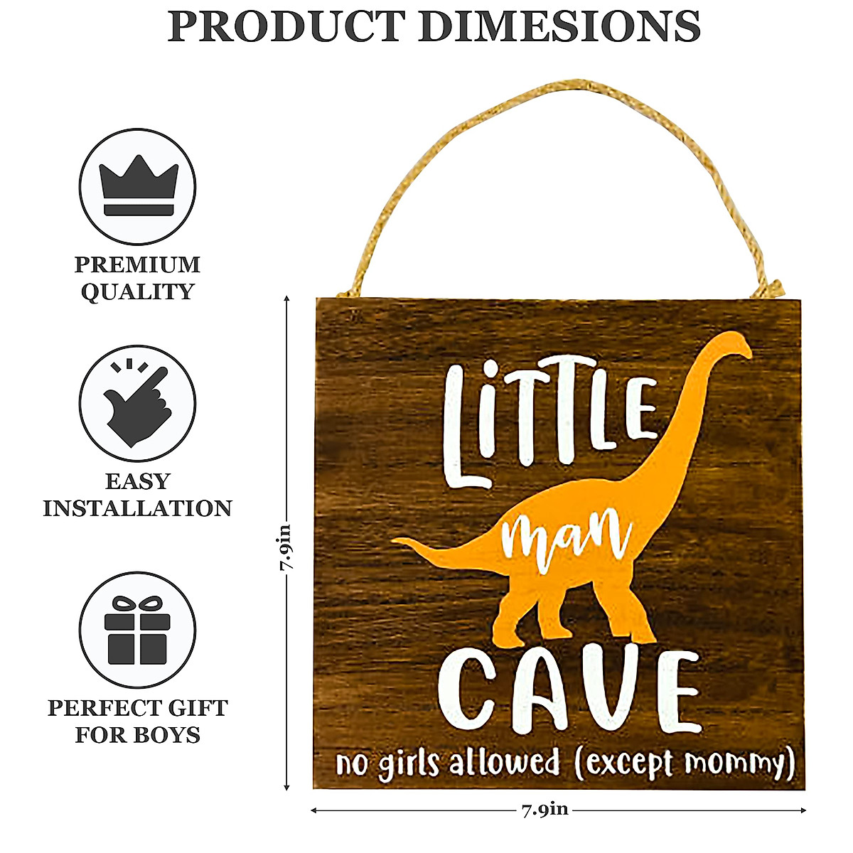 HnJOY Little Man Cave - Dinosaur Wood Wall Decor - Boys Room Decoration - Nursery Decor for Boys Gift Bedroom - Wooden Door Hanging Wall Plague