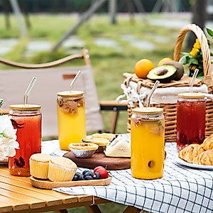 Combler Drinking Glasses with Bamboo Lids and Straws, 16 oz Glass Cups Set of 6, Beer Glass Coffee Cups with Lids and Straw, Iced coffee Cup for Coffee Bar Accessories, Birthday Gifts for Women