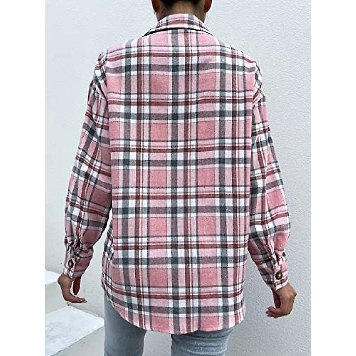 OYOANGLE Women's Plaid Long Sleeve Button Front Drop Shoulder Tunic Blouse Flannel Shirts Pink White L
