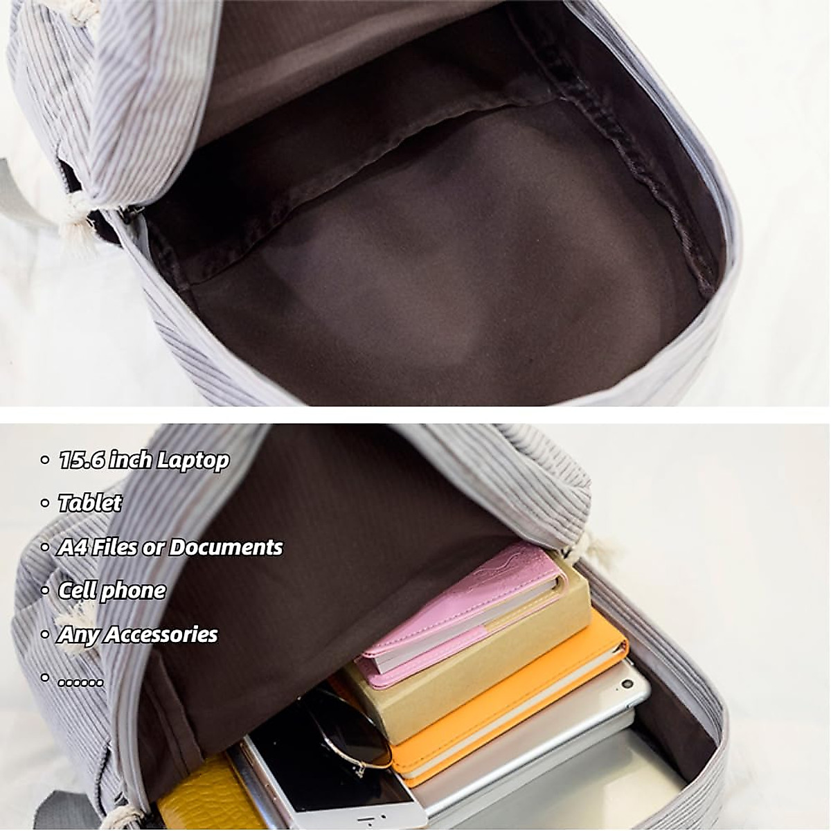 BILIPOPX Kawaii Cute Backpack Aesthetic Fluffy Corduroy Bag Smile Pencil Case Pen Pouch (Ice Blue,Backpack with Pecil Bag)