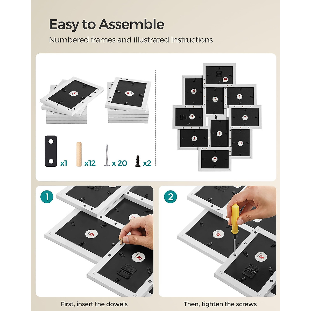 SONGMICS Collage Picture Frames, 4x6 Picture Frames Collage for Wall Decor, 10 Pack Photo Collage Frame for Gallery, Multi Family Picture Frame Set, Glass Front, Assembly Required, Cloud White