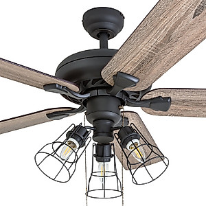 Prominence Home Lincoln Woods, 52 Inch Industrial Style LED Ceiling Fan with Light, Pull Chain, Three Mounting Options, 5 Dual Finish Blades, Reversible Motor - 50581-01 (Bronze)