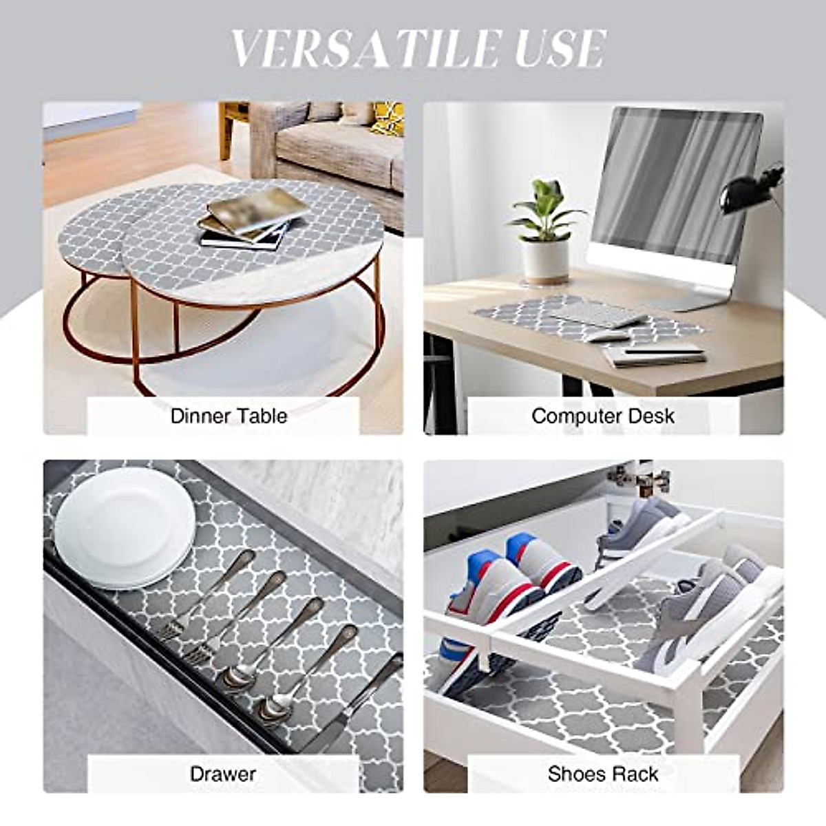 Glotoch Non Slip Shelf Liner 24 Inch Wide, Non Adhesive Drawer Liner, Waterproof Shelf Liners for Kitchen Cabinets/Refrigerator/Wire Shelving/Bathroom/Pantry-Heavy Duty, Durable, Grey Quatrefoil