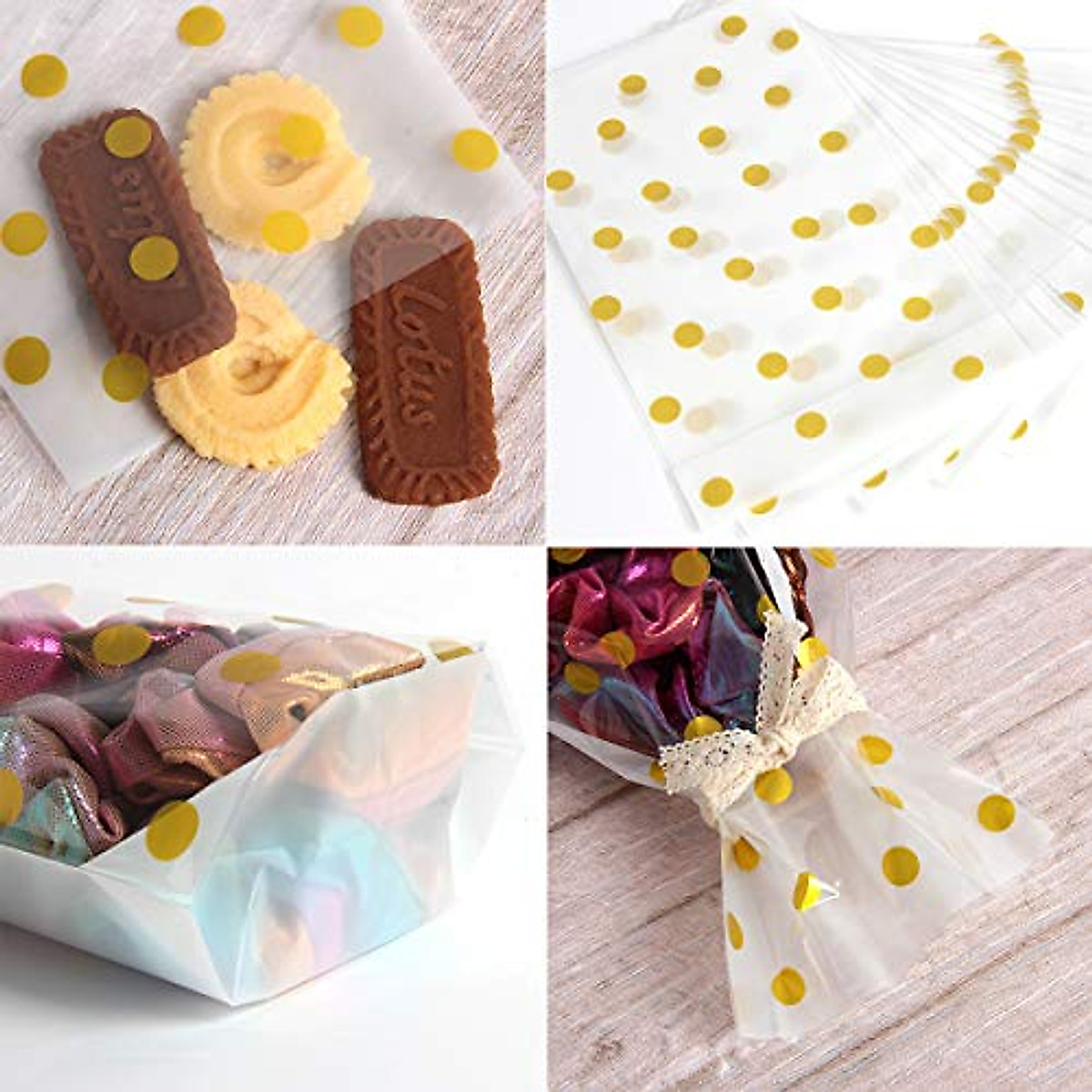 SBYURE Clear Cello Bags Plastic Gold Polka Dot Candy Bags 6x10 inch for Treat Candy Cookie Bakery Party Favor Bags,Pack of 100 with Gold Twist Ties