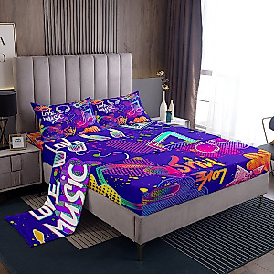 Erosebridal Musical Notes Bed Sheets Full Size,Music Headphone Radio Sheet Set Music Theme Bedding Set for Girls Teens Women,Hippie Colorful Graffiti Fitted Sheet + Flat Sheet + 2 Pillow Cases