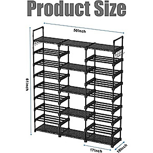 YDTREILS 9 Tier Shoe Rack Organizer, Large Shoe Shelf Holds 46-50 Pairs Shoe and Boots with Versatile Hooks Shoe Stand for Entryway Closet and Hallway