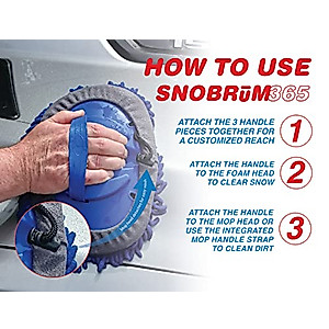 SNOBRUM 365 - Snow Remover for Cars and Trucks with Microfiber Mop Head for Cleaning - 2-in-1 Snow and Car Cleaning Brush for Year Round Use - 28 to 63 Inch Automotive Brush with Foam and Mop Head