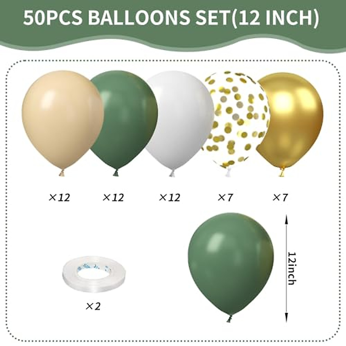 Sage Green Gold Balloons, 50Pcs 12 Inchs Green White Metallic Gold Confetti Balloons for Engagement Baby Shower Anniversary Boho Wedding Bridal Shower Graduation Birthday Party Decorations