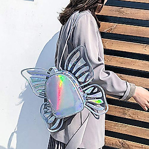 Women's Laser Holographic Backpack Butterfly Angel Wings Casual Daypack Shoulder bag for Girls