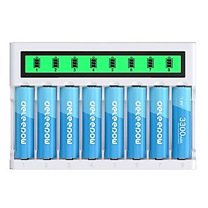 Deleepow Rechargeable AA Batteries 3300mAh AA Nimh Rechargeable Batteries 1200 Cycles 1.2V 8-Pack with USB-C and Micro USB 2 Charge Port LCD Charger