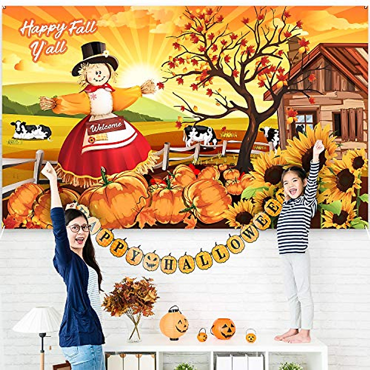 Blulu Happy Fall Y'all Party Decoration Backdrop Welcome Fall Scarecrow Harvest Decorative Autumn Background for Halloween Thanksgiving Party Décor Harvest Time Pumpkin (Orange Fall)