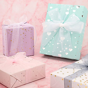 LaRibbons Wrapping Paper Roll - Hearts/Polka Dots/Stars (2 Kinds) Design for Birthday, Mother Day, Valentine's Day, Wedding, Baby Shower - 4 Rolls - 30 inch X 120 inch Per Roll