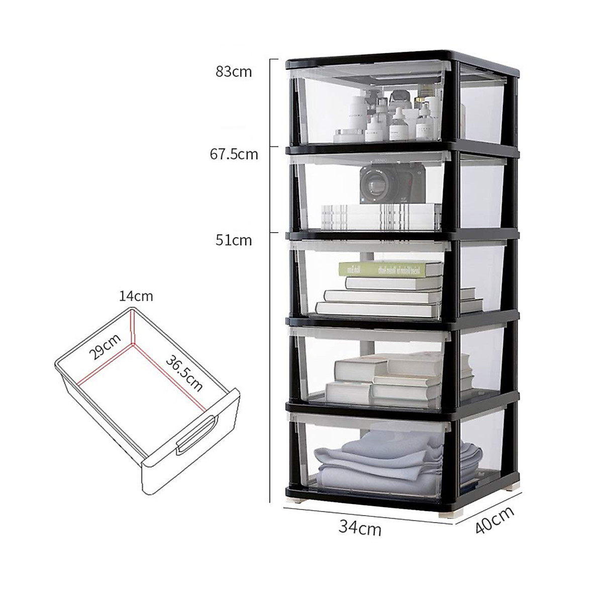 TENGZHENSHOP 5-Drawer Rolling orage Cart on Wheels, Clearview Craft orage ntainers Bins, Black Frame & Clear orage Drawers