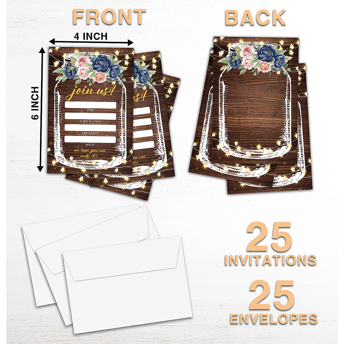 Rustic Wood Bridal Shower Invitations, Pink Floral Bridal Shower Party Invites Cards for Engagement Party, Wedding Party, Bridal Shower Party, Set of 25 Invitations & 25 Envelopes (A08)