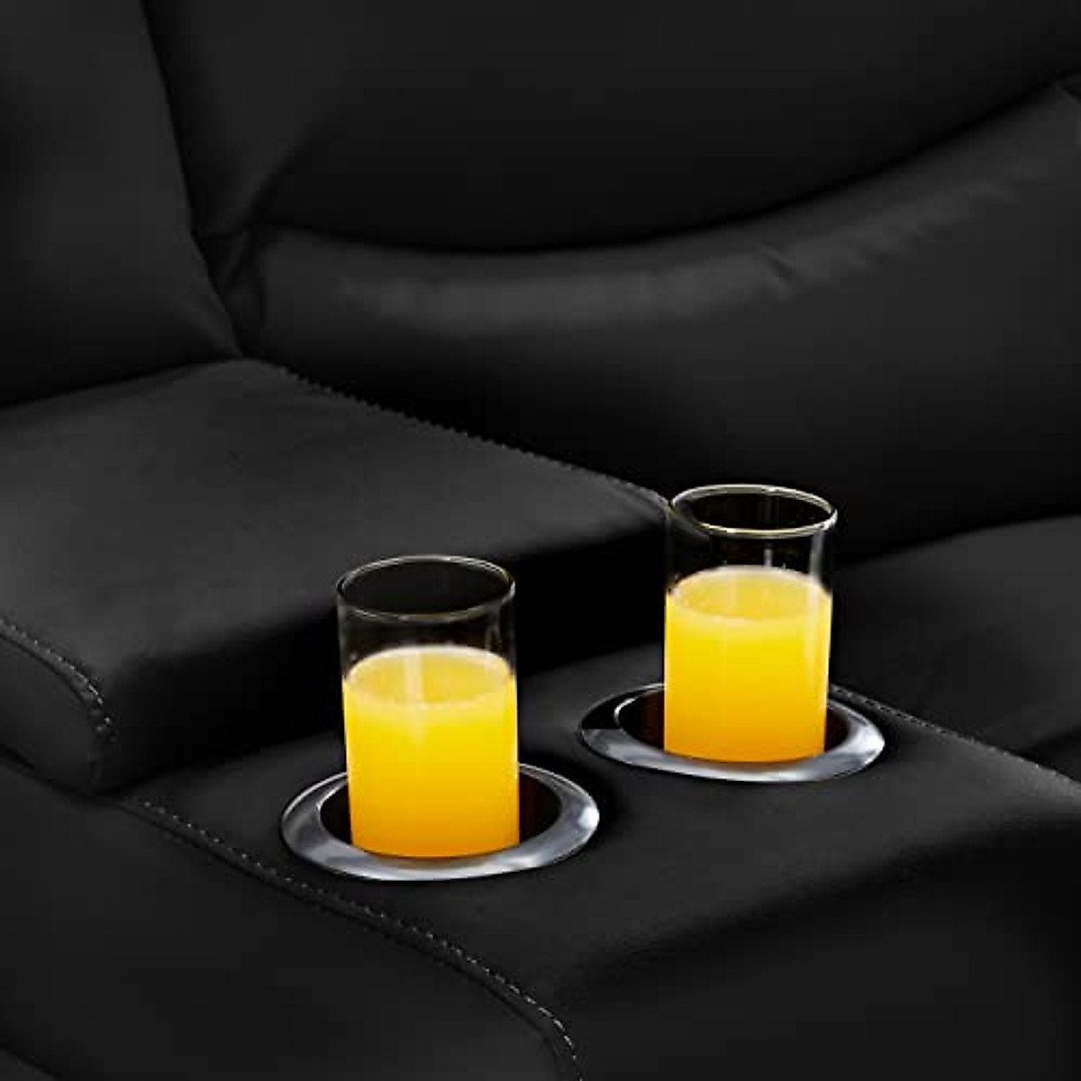 FANYE Faux Leather Upholstered Manual Motion Reclining Loveseat Sofa Couch with Cup Holders and 2 Recliner Chaises,PU Wall Hugger Sofa & Couch for Home Theater Apartment RV Living Room