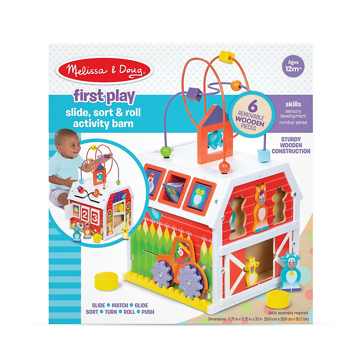 Melissa & Doug First Play Slide, Sort & Roll Wooden Activity Barn with Bead Maze, 6 Wooden Play Pieces (11.75” x 11.75” x 20” Assembled)