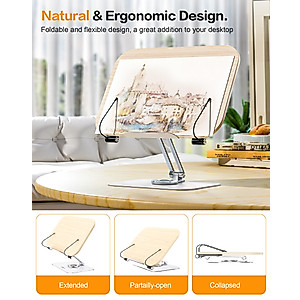 Book Stand for Reading, Amasrich Adjustable Holder with 360° Rotating Base & Page Clips, Foldable Desktop Ricer for Cookbook,Sheet Music,Laptop,Recipe,Textbook,Hands Free,Wood,Aluminium