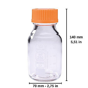 ISOLAB USA – Round Media Storage Bottle, 250ml, with GL 45 Screw Cap, Borosilicate 3.3 Glass, Pack of 2