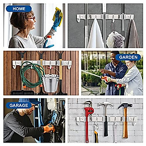 FULGENTE Broom Mop Holder, Wall Mount Storage Cleaning Tools Organizer for Laundry Garage Garden Bath Kitchen, Screw-In Heavy Duty Stainless Steel Utility Rack Hanging Shelf (3 Racks 4 Hooks)