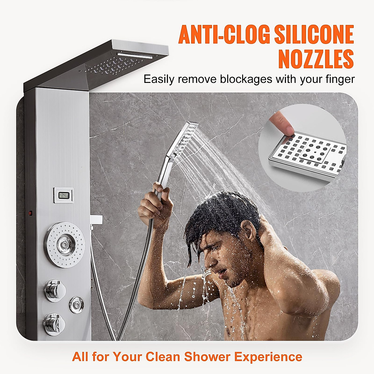 VEVOR Shower Panel System, 6 Shower Modes, LED & Display Shower Panel Tower, Rainfall, Waterfall, 4 Body Massage Jets, Tub Spout, Handheld Shower Head 59" Hose, Stainless Steel Wall-Mounted Shower Set