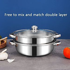 Steamer Pot for Cooking 11 inch, Steam Pots with Lid 2-tier Multipurpose Stainless Steel Steaming Pot Cookware with Handle for Vegetable