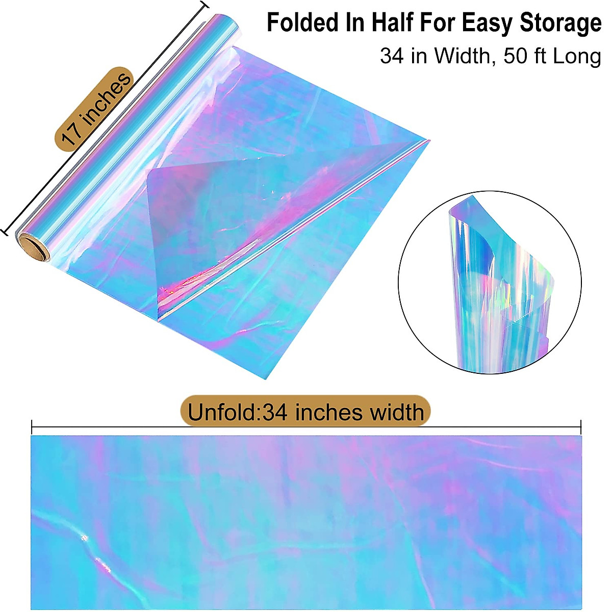 34in x 50ft Iridescent Cellophane Wrap Roll, Extra Wide Iridescent Film Cellophane Wrap Rainbow Colored Cellophane Wrap Iridescent Cellophane Roll for Gift Baskets, Crafts, Candy, Gifts, Flowers