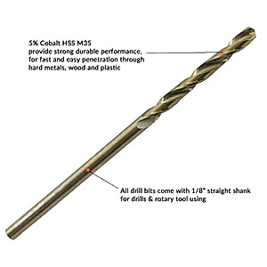 NordWolf 8-Piece M35 Cobalt Multi-Purpose Drill Bit Set, with 1/8" Straight Round Shank for Rotary Tools, SAE Sizes 1/32"(x2)-3/64"-1/16"-5/64"-3/32"-7/64"-1/8" in Storage Case