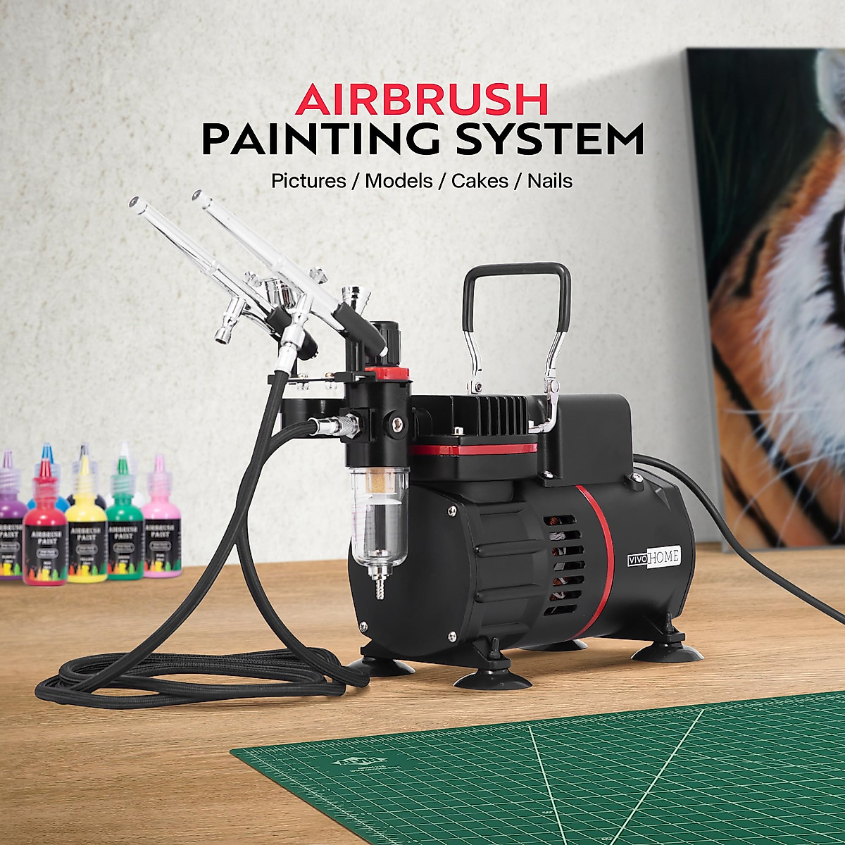 VIVOHOME Airbrush Kit with Dual Fan Air Compressor and 3 Dual Action Airbrush Gun, Gravity and Siphon Feed, Quiet Air Brush Set with 8 Primary Opaque Colors, Cleaning Brush, 2 Cup