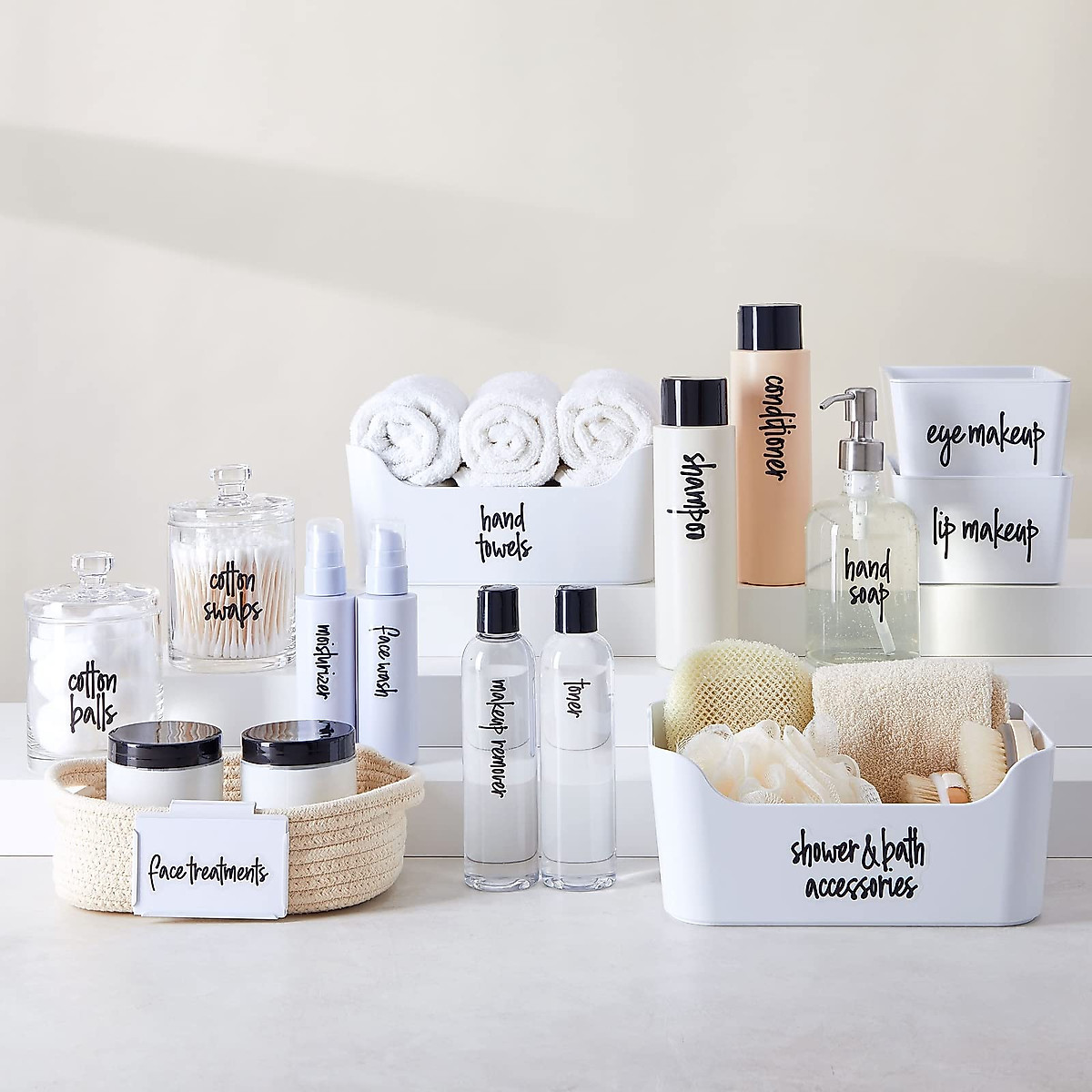 Talented Kitchen 192 Preprinted Bathroom Labels for Containers - Black Script Stickers for Organizer Bins, Bath, Beauty Canisters, and Makeup Storage Organization (Water Resistant)