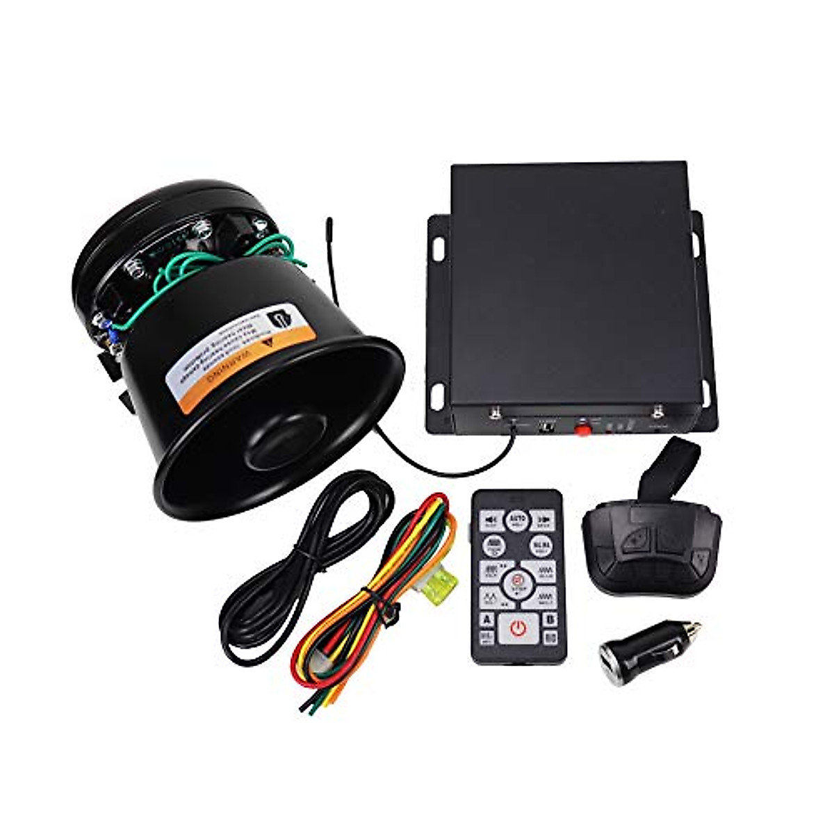 YHAAVALE 9200D Amplifier Police Siren & Black Round Bell Cone Speaker,DC12V,100W,Wireless Double Remote Control,Hands-Free,Multi-Tones,Microphone,Emergency Electronic Loudspeaker PA System for Car