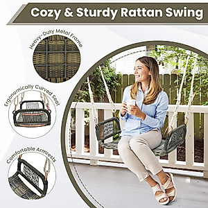 HAPPYGRILL Wicker Porch Swing, Curved Rattan Swing Seat with Cozy Armrests, Patio Wicker Tree Swing with 2 Hanging Hemp Ropes, Outdoor Swing Chair for Front Porch Backyard