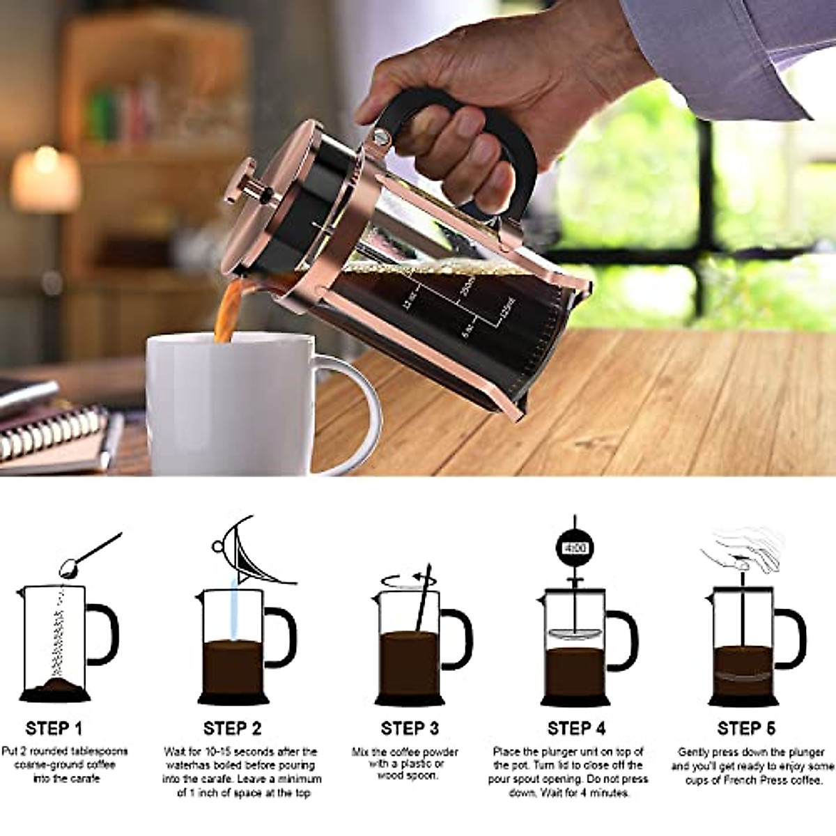 QUQIYSO French Press Coffee Maker 304 Stainless Steel French Press with 4 Filter, Heat Resistant Durable, Easy to Clean, Borosilicate Glass Coffee Press, 100% BPA Free Glass Teapot, 21 ounce, copper