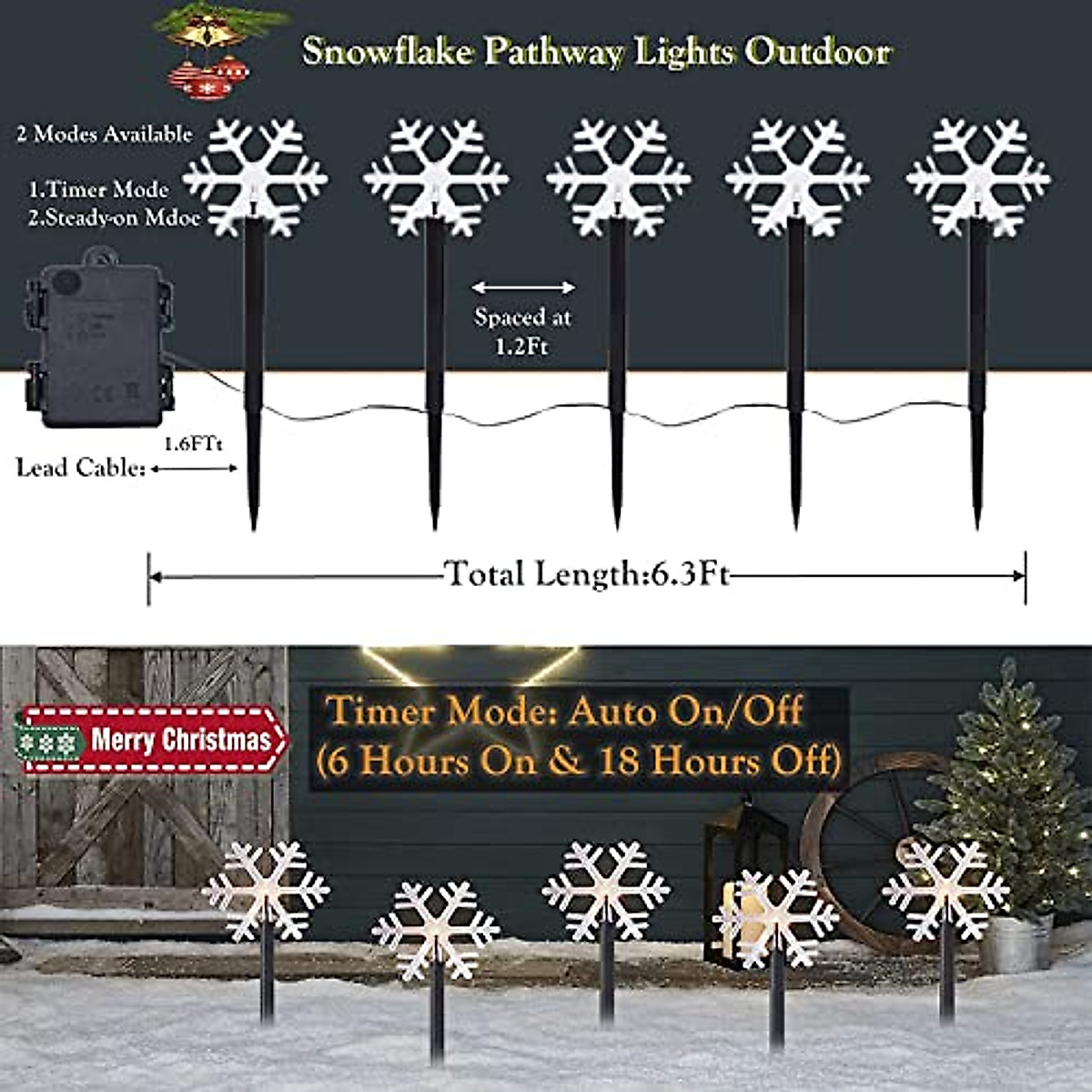 JOINTWIN Christmas Tree Led Pathway Lights Battery Operated with Timer Function for Lawn Yard Walkway Garden Decor Christmas Home Decoration Warm White Landscape Light - 5 Pack