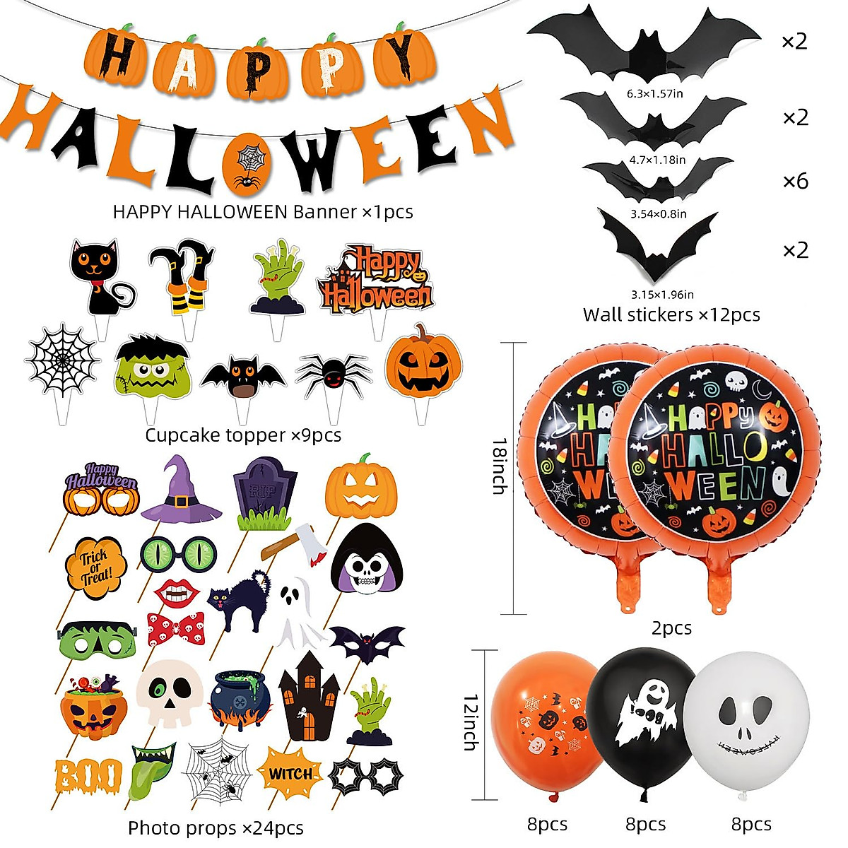 Halloween Party Balloons Banner Supplies Set,include Cupcake Toppers,Selfie Photo Props,Halloween Banner,Bat Wall Stickers,Black Orange Foil Latex Balloons,72Pcs Halloween Theme Party Decorations
