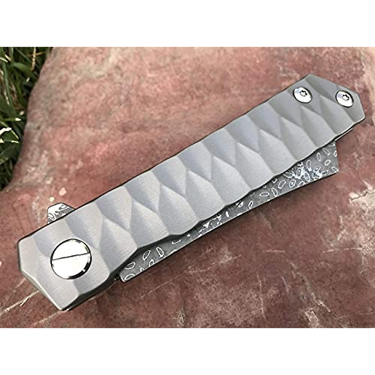 TACTICAL GEARZ Custom Damascus Steel EDC Pocket Folding Knife, Solid Tc4 Titanium Handle! Includes Sheath! For Outdoor Camping, Hiking, Gifts for Men, Birthday Gifts (Silver XS)