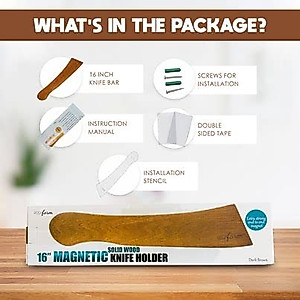 Magnetic knife holder for wall no drill - 16" Wooden knife magnetic strip no drilling option w/adhesive backing & drilling hardware | Magnetic knife strip | kitchen knife organizer rack -Light Brown