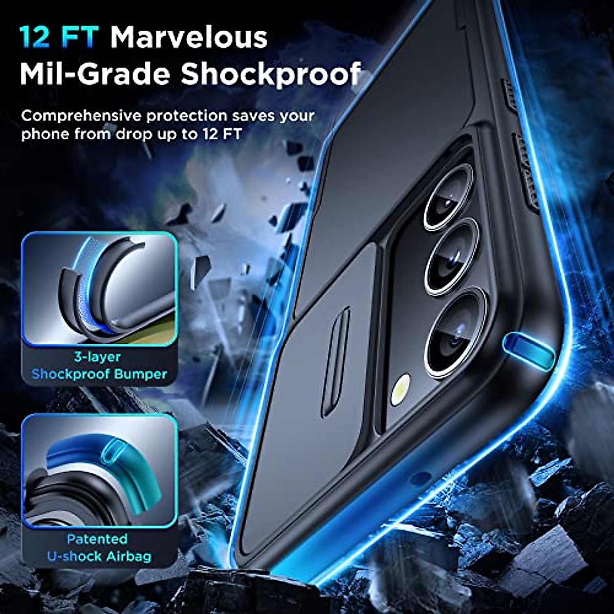 Simtect Compatible with Samsung Galaxy S23 Case with Camera Cover [12FT Mil-Grade Shockproof] [Anti-Scratch& Anti-Fingerprint]Slim Protective Silicone Bumper Phone Case for Samsung S23 Case 6.1" Black