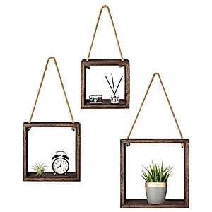 Mkono Hanging Square Floating Shelves Wall Mounted Set of 3 Boho Decor Rustic Wood Cube Shadow Boxes Decorative Shelf for Office Living Room Bedroom Apartment
