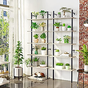 Bestier 70" Industrial Wall-Mounted Ladder Shelf 5 Tier Bookshelf with Storage Organizer Plant Flower Display Stand Round Tube Bookcase Rack with 2 Hooks for Home Office, Gray