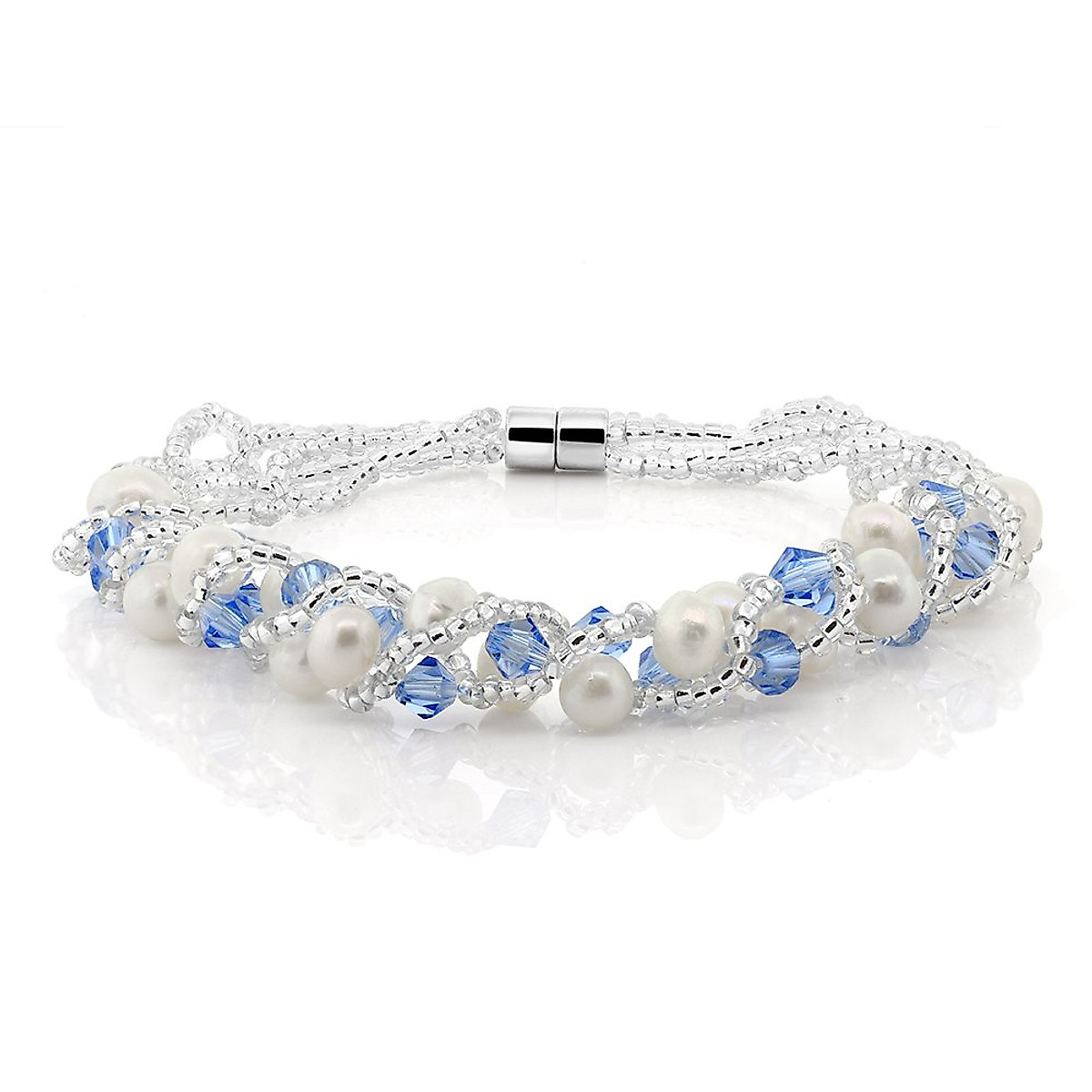 Gem Stone King 17 Inch White Cultured Freshwater Pearl and Blue Crystal Mash Necklace and Bracelet Set For Women (Necklace: 17 Inch, Bracelet: 6.5 Inch)