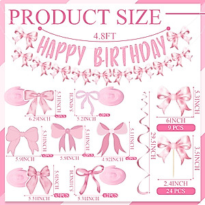 Colingmill 41 Pcs Coquette Bow Birthday Decorations Includes 2 Pcs Pink Bow Birthday Banner Garland 15 Pcs Pink Bow Party Hanging Swirls 24 Pcs Bow Cupcake Toppers for Wedding Baby Shower Party Decor