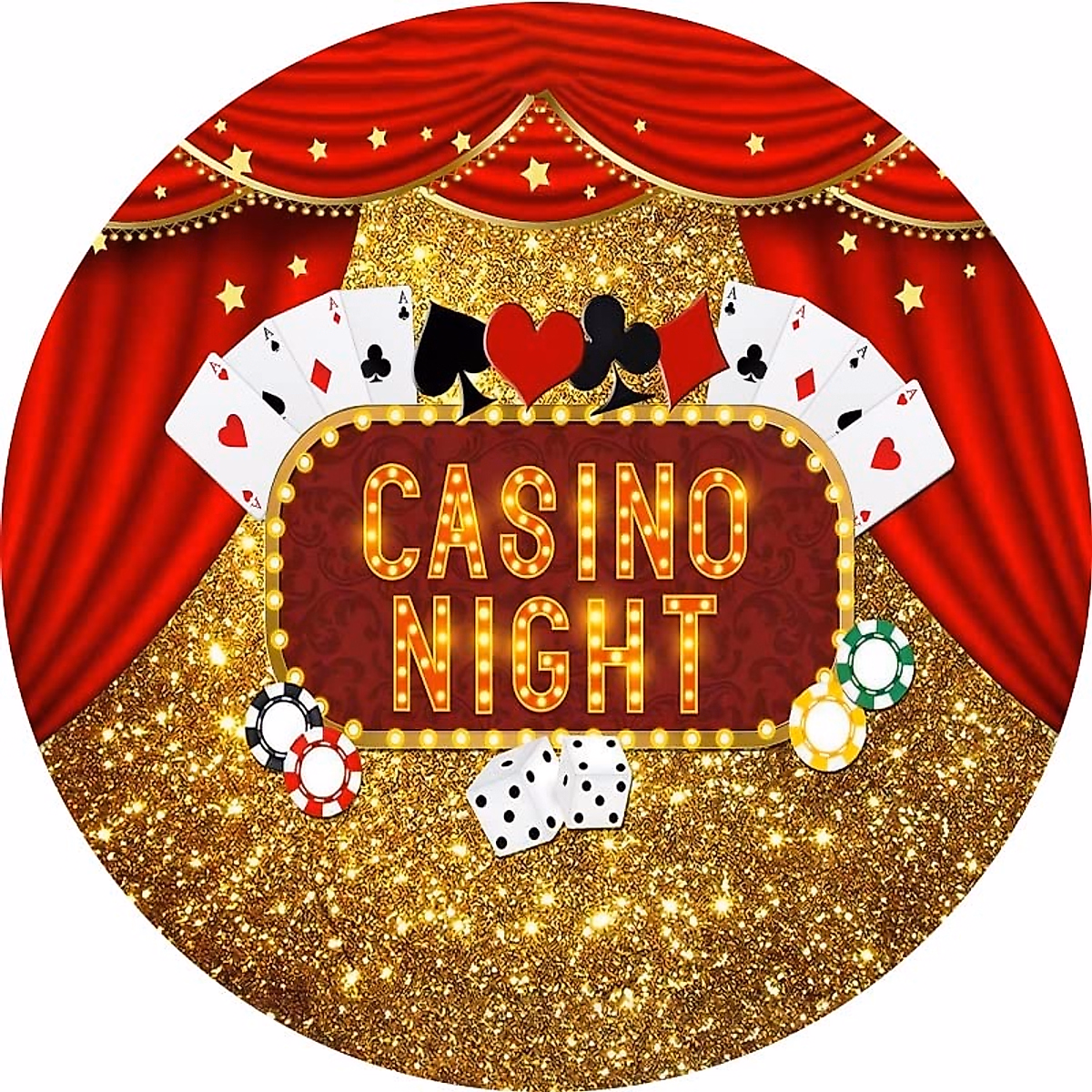 Renaiss 3x3ft Casino Night Round Backdrop Cover Las Vegas Gold Glittering Circle Photography Background Poker Dice Red Curtains Dress-Up Prom Casino Birthday Party Decors Arch Photo Booth Props