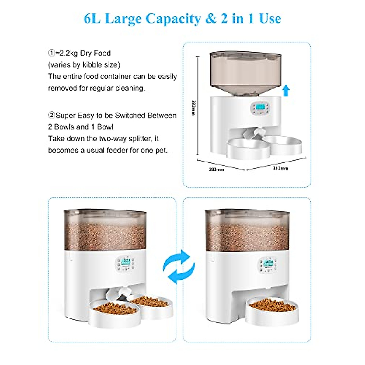 Automatic Cat Feeder, HoneyGuaridan 6L Pet Feeder for 2 Cats & Dogs, Auto Cat Dry Food Dispenser with Desiccant Bag, Timer Feeder Portion Control 1-6 Meals per Day, Dual Power Supply, Voice Recorder