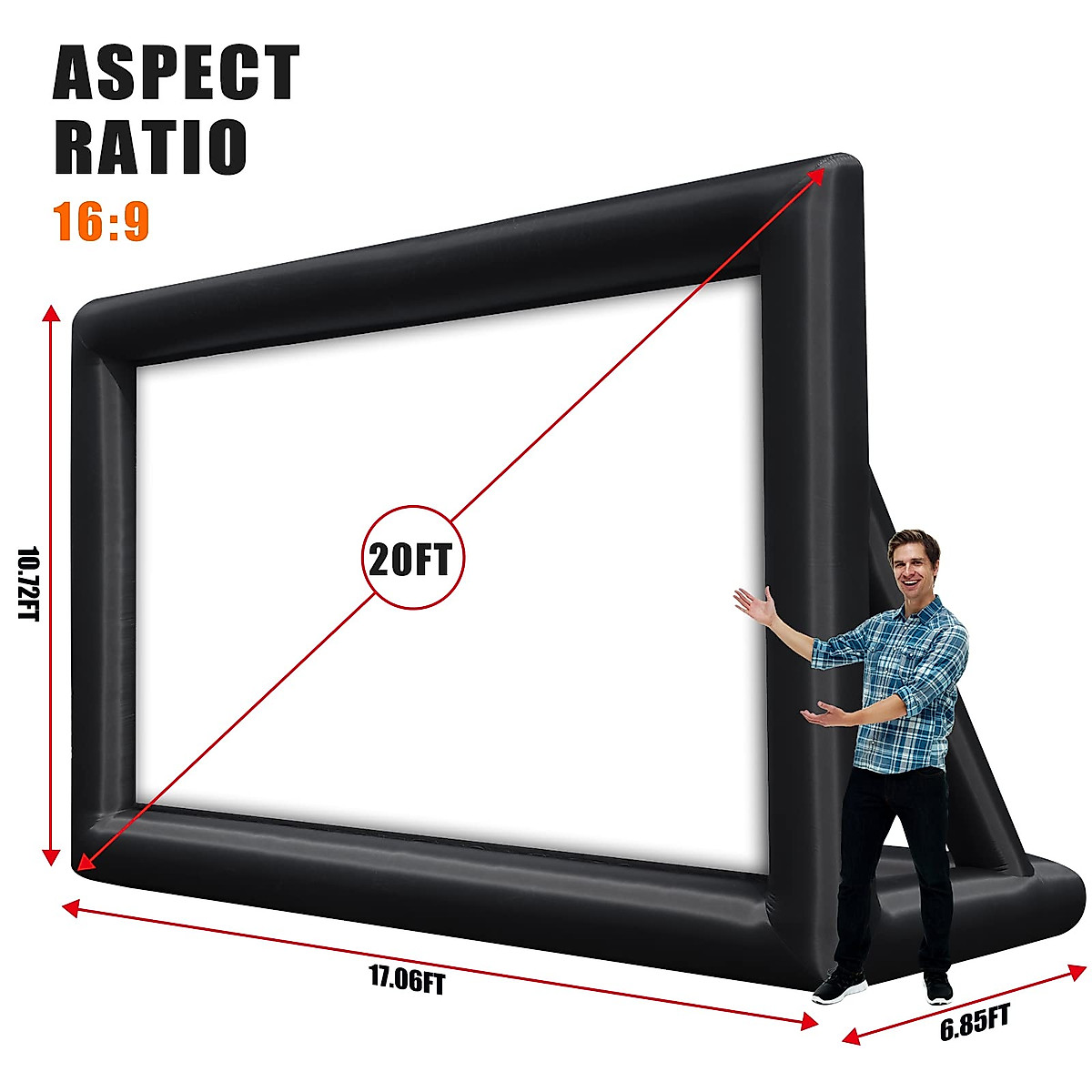 Inflatable Projector Screen, Towallmark 20FT Portable Blow Up Outside Projector Screen, Front & Rear Projection, with Rope, Air Blower, Ground Nails and Carry Bag, for Theater/Football/Backyard Party