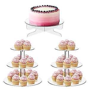 3 PCS Acrylic Cupcake Stand 2 Set of 3 Tier Clear Cupcake Stand Dessert Tower and 1 Tier Round Cake Stand Holder Bakery Display Serving Tray for Wedding Baby Shower Party Decor