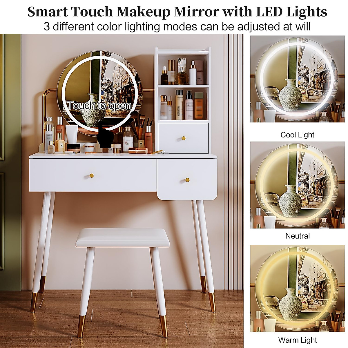 Milky White,Make Vanity Set with Touch Screen Dimming Mirror, 3 Color Lighting Modes, Dressing Table with 3 Sliding Drawers, Modern Bedroom Makeup Table and Cushioned Stool Set for Women Girls