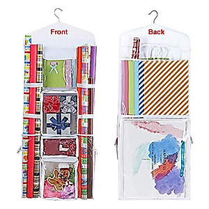 ProPik Hanging Double Sided Wrapping Paper Storage Organizer With Multiple Front And Back Pockets Organize Your Gift Wrap & Gift Bags Bows Ribbons 40”X17 Fits 40 Inch Rolls (White)